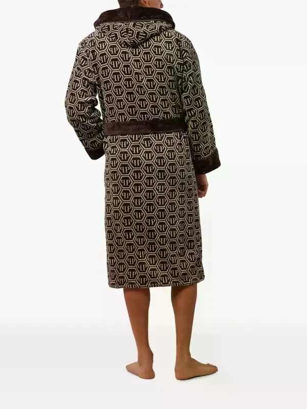 Philipp Plein Hooded Geometric-pattern Bath Robe - Brown