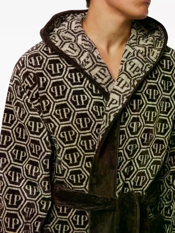 Philipp Plein Hooded Geometric-pattern Bath Robe - Brown