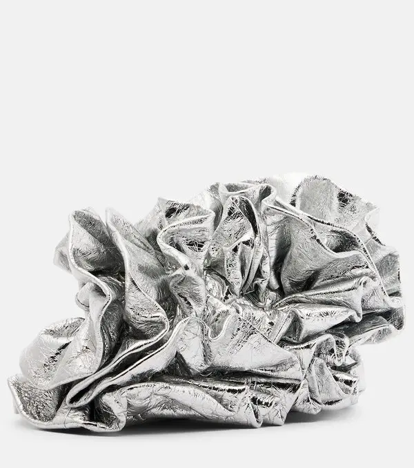 Dries Van Noten Ruffled Metallic Leather Clutch - Silver