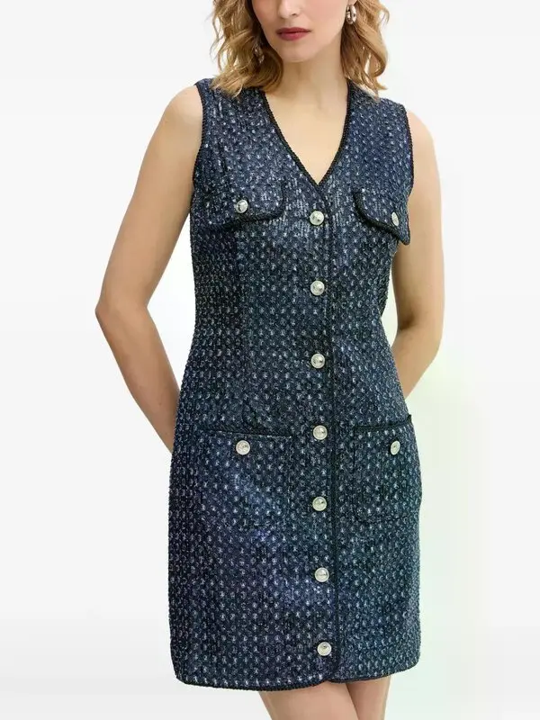 Guess Sleeveless V-neck Mini Dress With Silver-tone Buttons And Rope Trim - Blue
