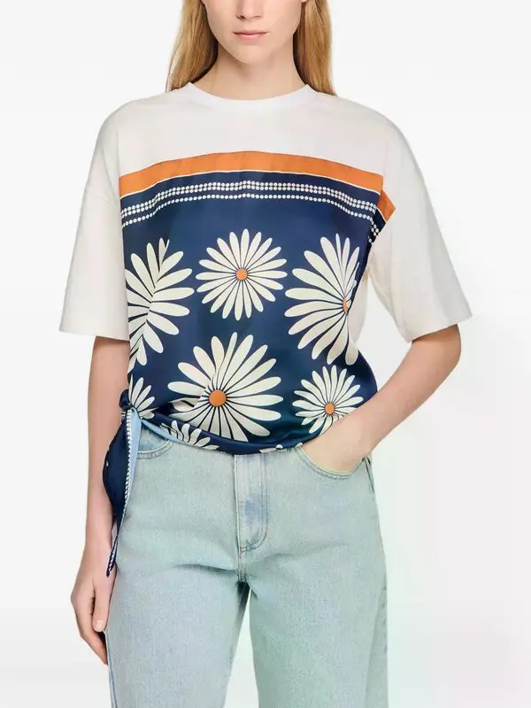 Sandro Cotton T-shirt With Bandana Print Halterneck Panel