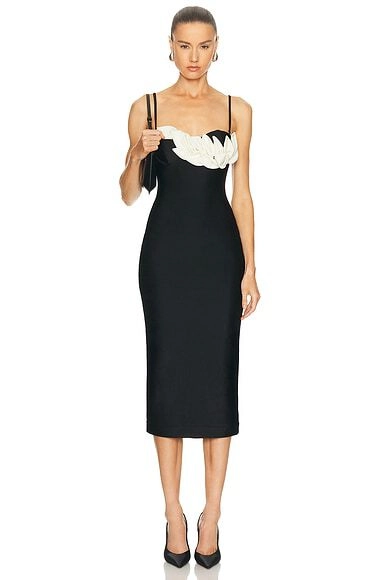 PatBO Selene Mesh Midi Dress With Floral Applique - Black