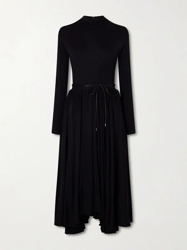 Alaïa Jersey Midi Dress With Pleated Skirt And Leather Belt