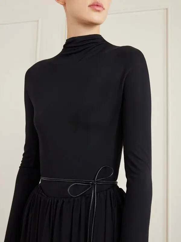 Alaïa Jersey Midi Dress With Pleated Skirt And Leather Belt