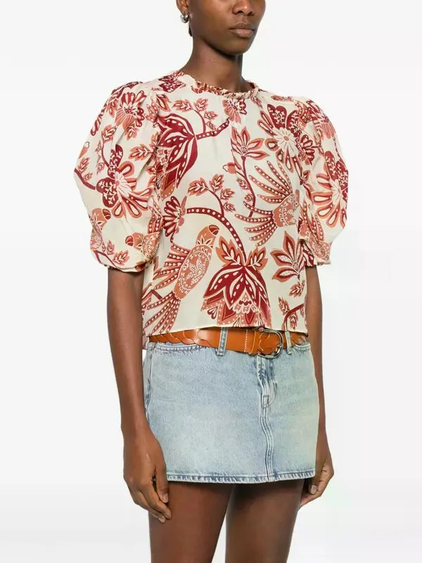 Farm Rio Ruffled-neck Floral-print Blouse