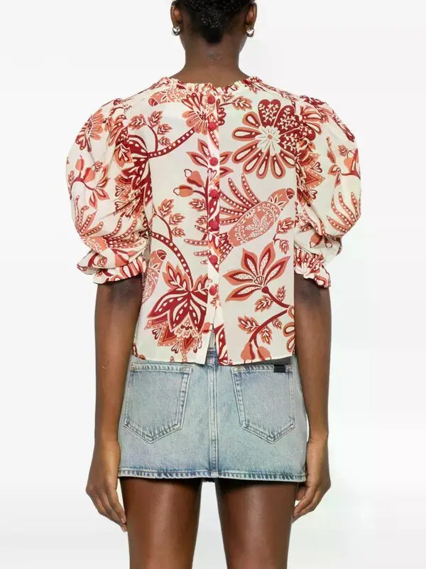 Farm Rio Ruffled-neck Floral-print Blouse