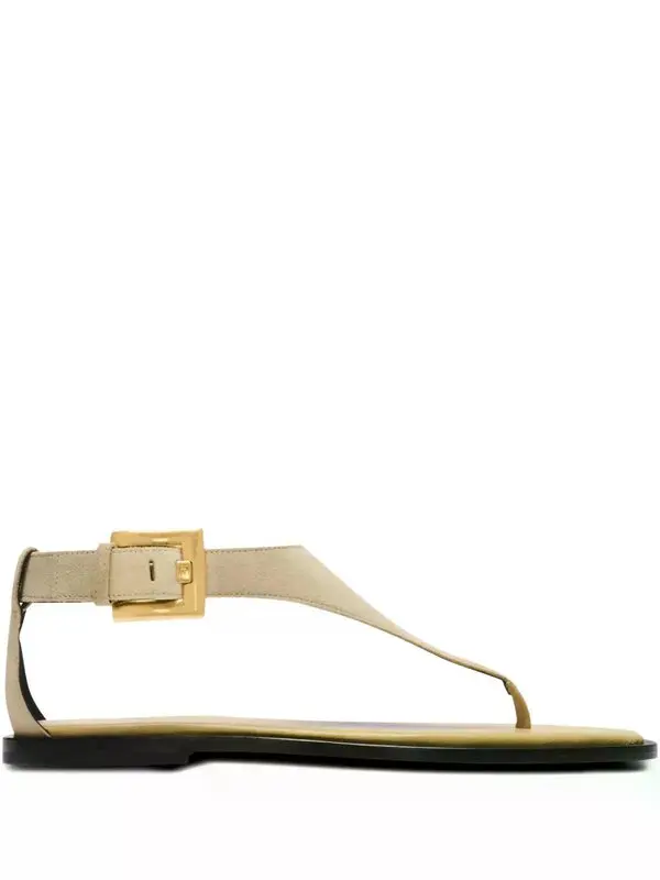 Balmain Suede Flat Toe-post Sandals With Gold Buckle Detail - Neutrals