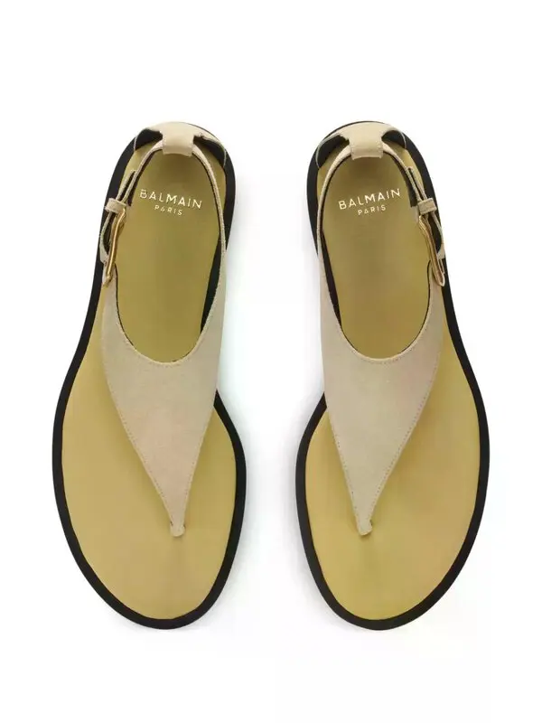 Balmain Suede Flat Toe-post Sandals With Gold Buckle Detail - Neutrals