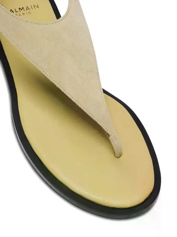 Balmain Suede Flat Toe-post Sandals With Gold Buckle Detail - Neutrals