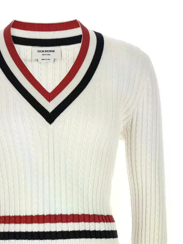 Thom Browne V-neck Cotton Sweater With Striped Detailing - White