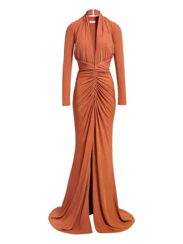 Elie Saab Criss-cross Halterneck Maxi Dress With Ruched Detail And Front Slit