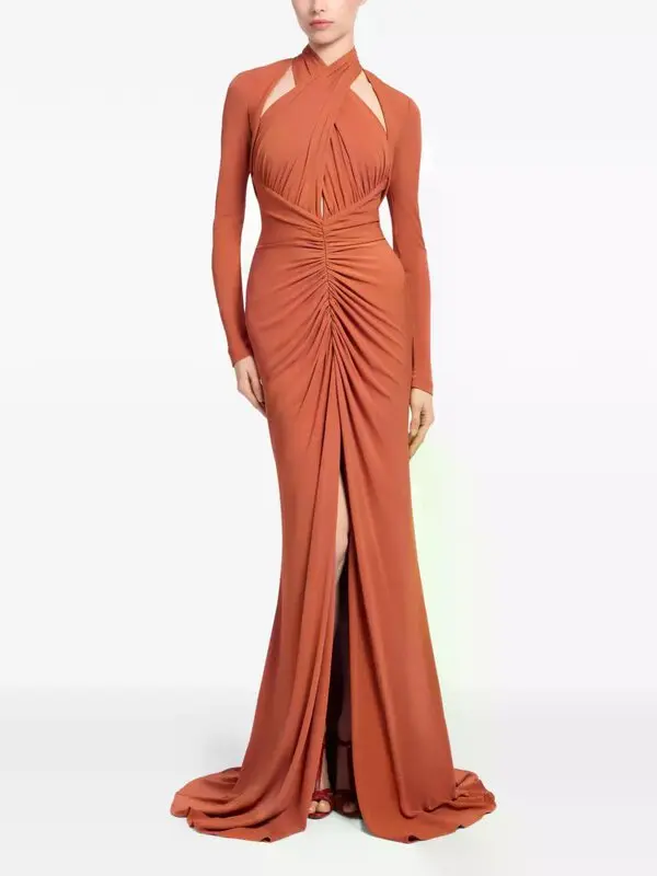 Elie Saab Criss-cross Halterneck Maxi Dress With Ruched Detail And Front Slit