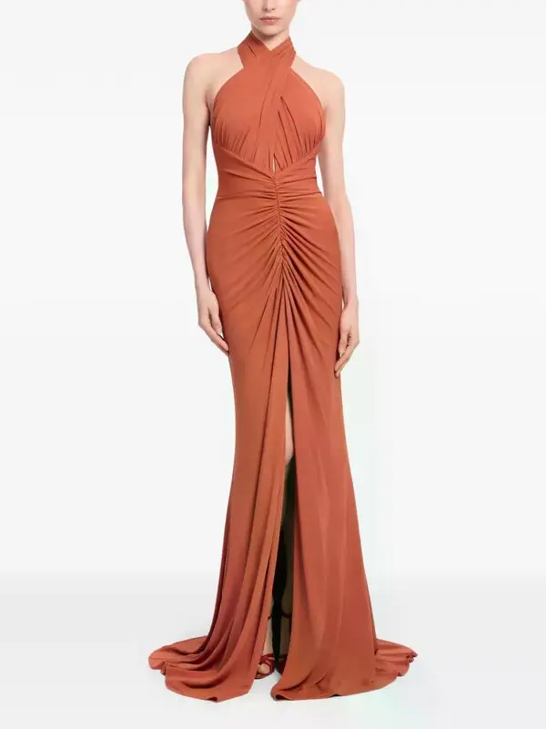 Elie Saab Criss-cross Halterneck Maxi Dress With Ruched Detail And Front Slit