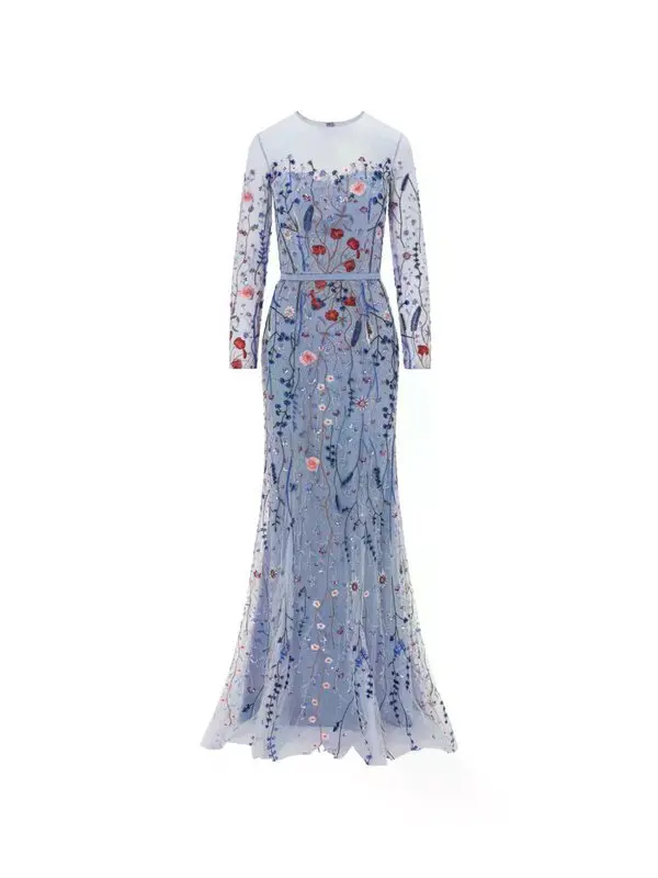 RAMI AL ALI Beaded Floral Lace Maxi Gown - Blue