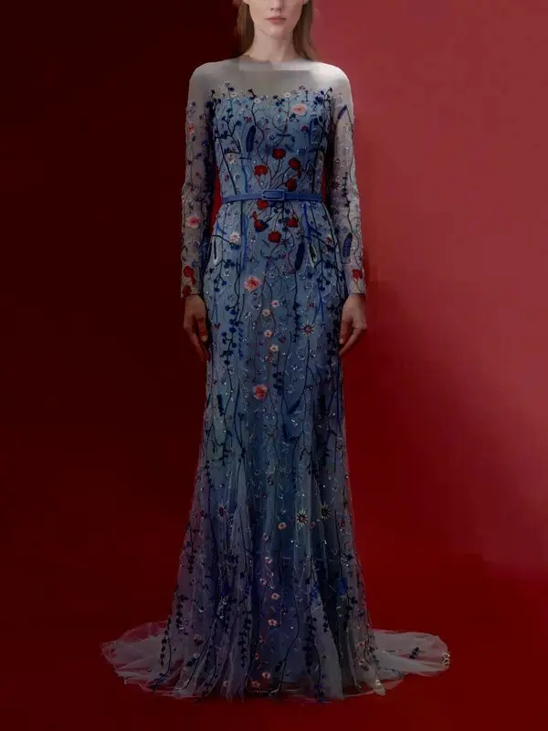 RAMI AL ALI Beaded Floral Lace Maxi Gown