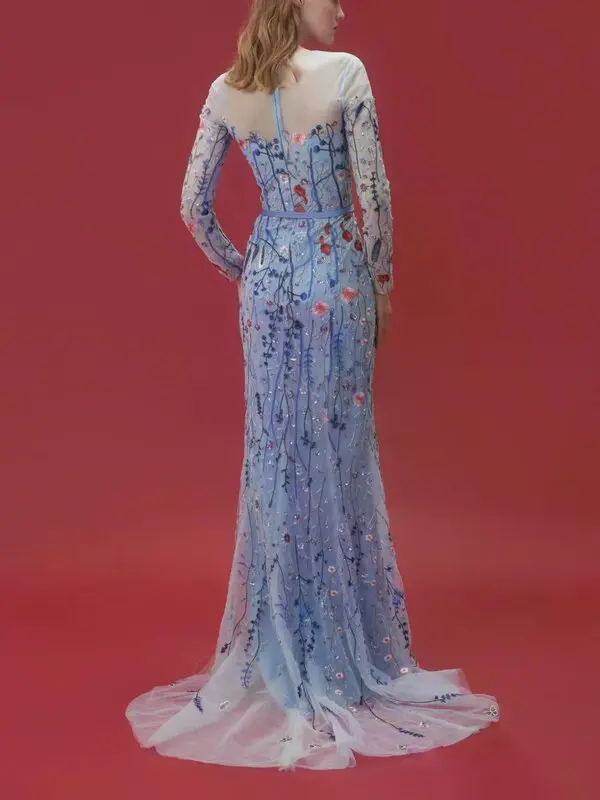 RAMI AL ALI Beaded Floral Lace Maxi Gown