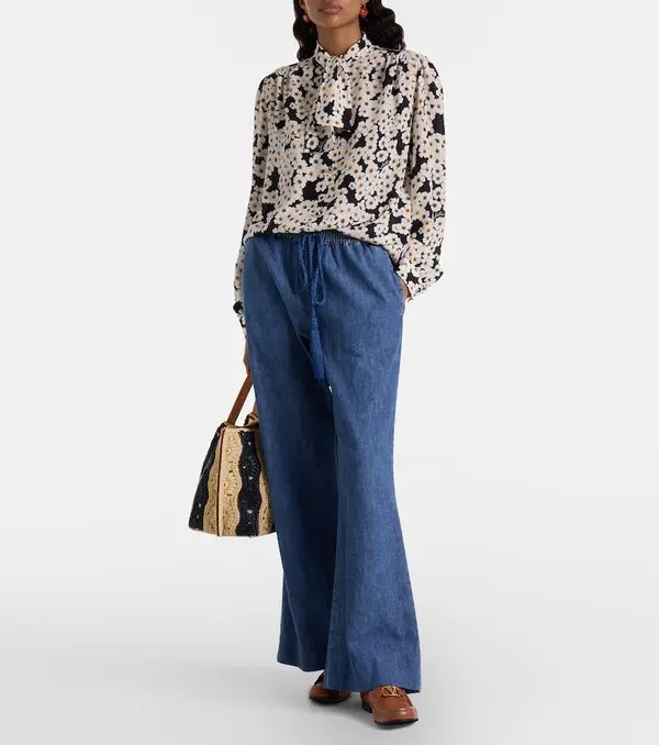 Valentino Garavani Cotton Chambray Wide-leg Trousers