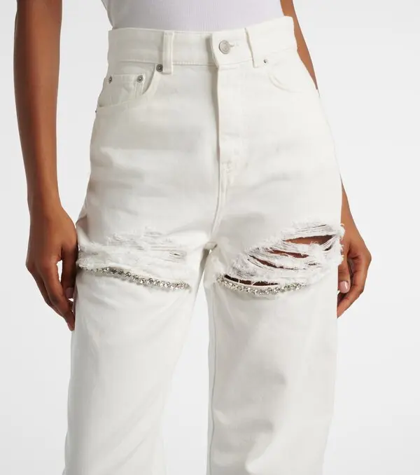 AREA Distressed Embellished Wide-leg Jeans
