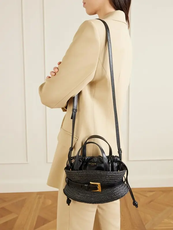 Balmain Mini Buckled Raffia Shoulder Bag - Black