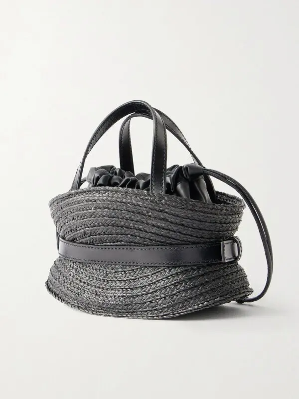Balmain Mini Buckled Raffia Shoulder Bag - Black