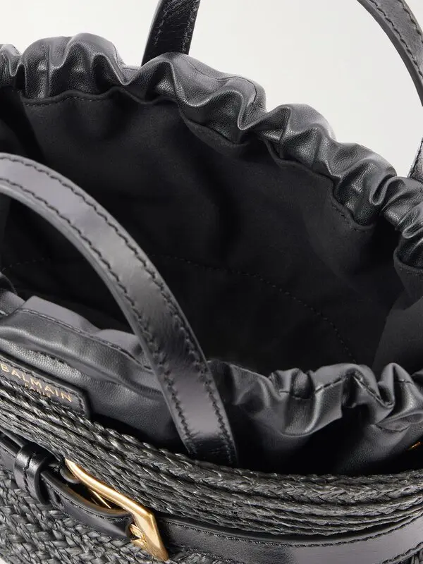Balmain Mini Buckled Raffia Shoulder Bag - Black