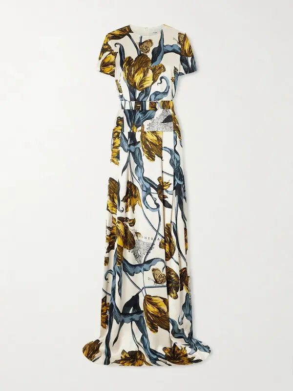 Erdem Belted Printed Satin Gown - Multi