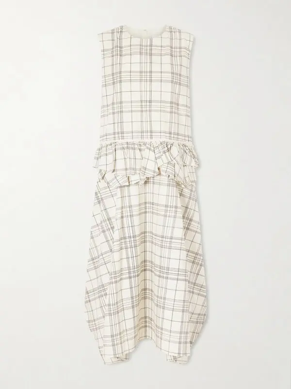 JIL SANDER Ruffled Checked Cotton-poplin Midi Dress - Multi