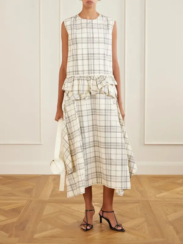 JIL SANDER Ruffled Checked Cotton-poplin Midi Dress