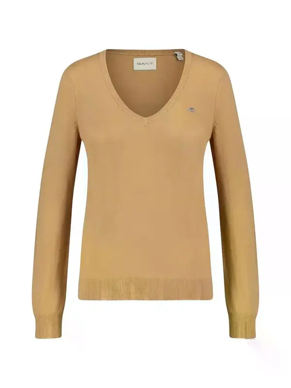 Gant Long Sleeve V-neck Top With Embroidered Logo - Neutrals