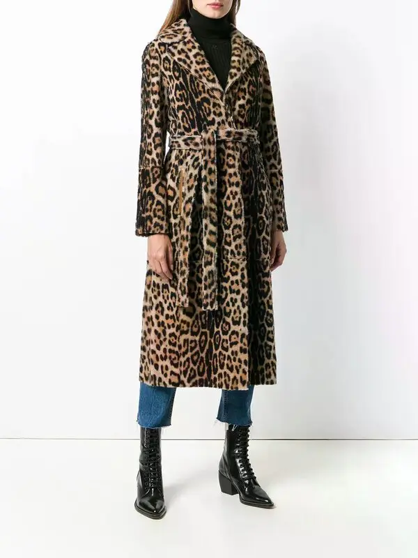 YVES SALOMON Leopard Print Fur Coat With Belted Waist