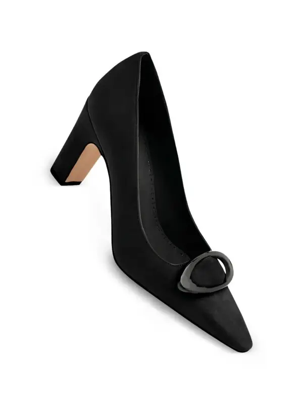 Manolo Blahnik Suede Pointed Toe Buckle Block Heel Pumps