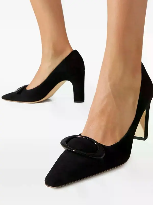 Manolo Blahnik Suede Pointed Toe Buckle Block Heel Pumps