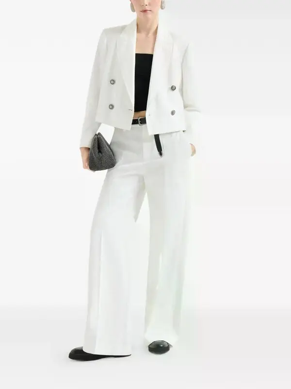 Brunello Cucinelli Cotton And Paper Yarn Diagonal Loose Flared Trousers With Monili