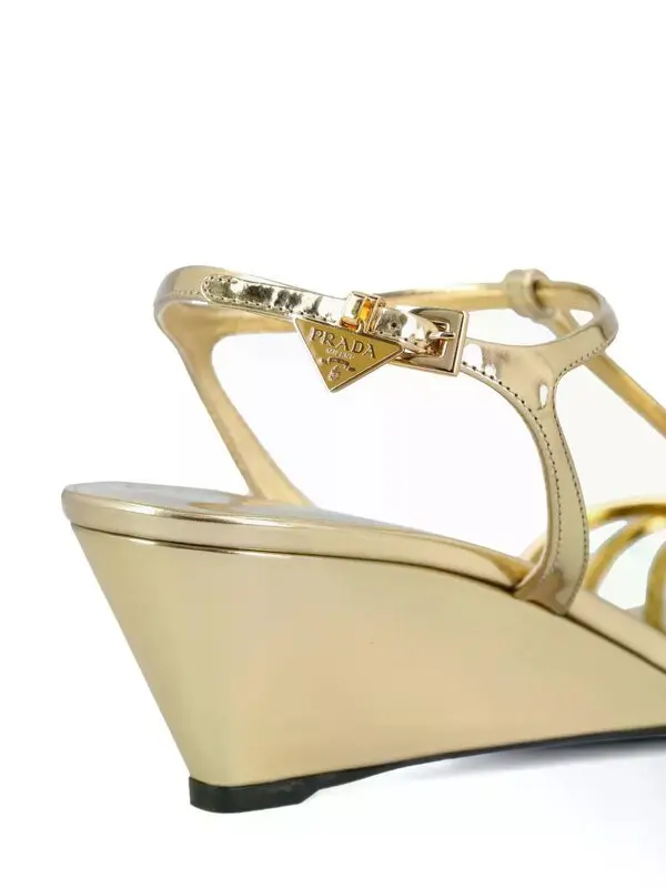 Prada Metallic Leather Wedge Sandals With Triangle Logo - Gold