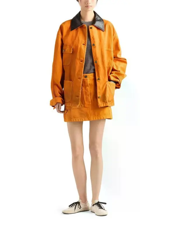 Prada Canvas Jacket With Leather Collar - Brown