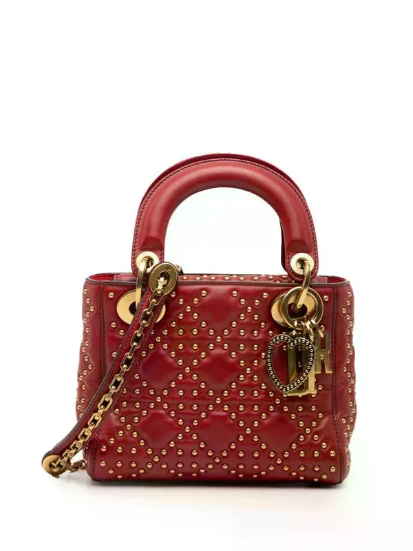 Dior 2017 Mini Lambskin Cannage Studded Lady Satchel - Red