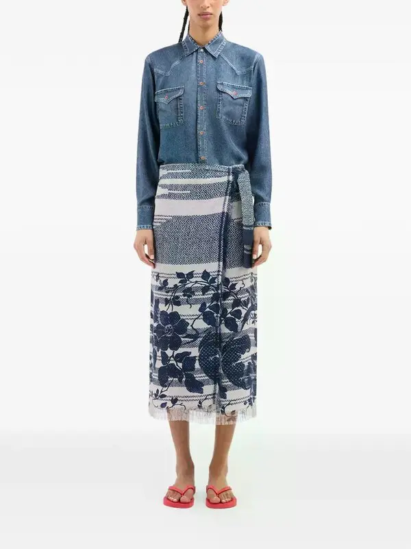 PIERRE-LOUIS MASCIA Fringed Floral Wrap Midi Skirt - Blue