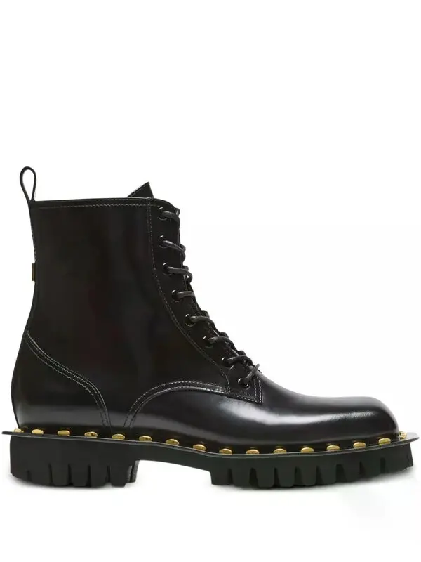 Balmain Glazed Leather Studded Lace-up Boots