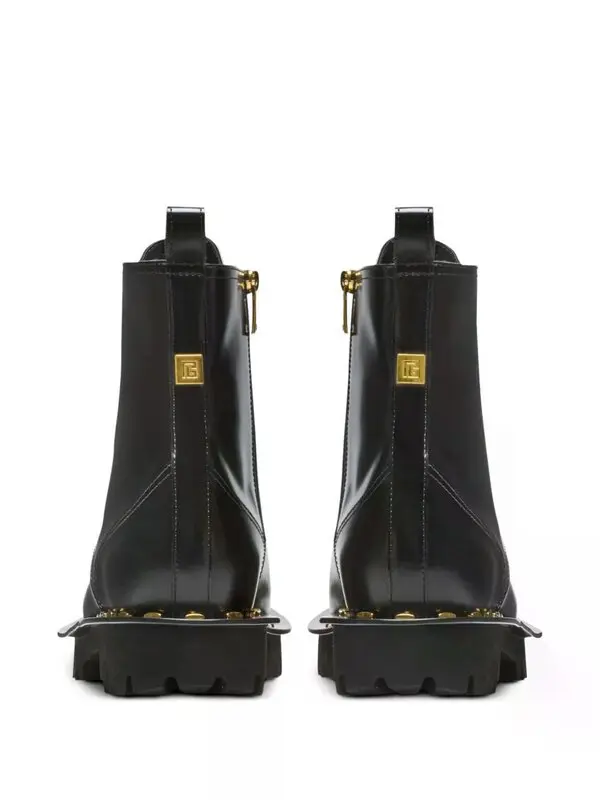 Balmain Glazed Leather Studded Lace-up Boots