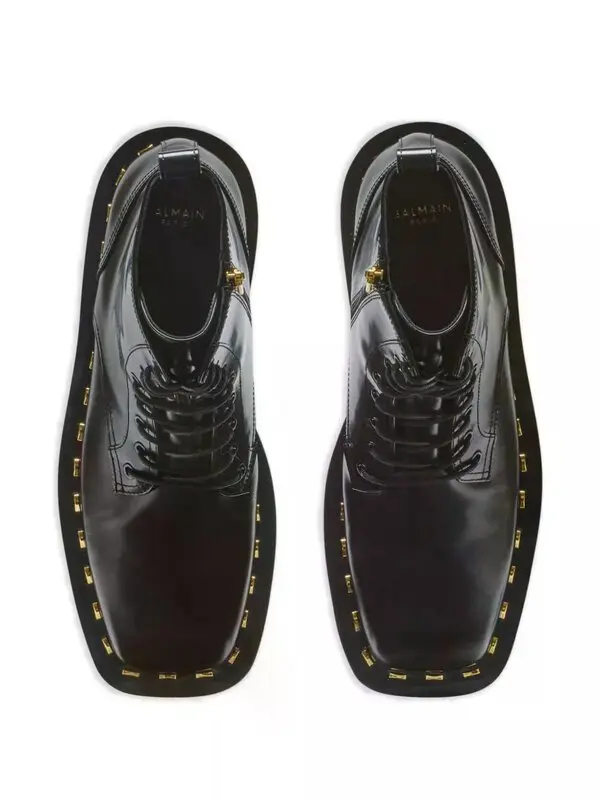 Balmain Glazed Leather Studded Lace-up Boots