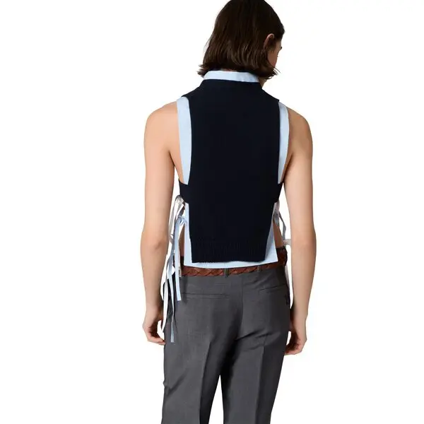 Miu Miu Cashmere V-neck Cardigan Vest With Logo Detail - Navy