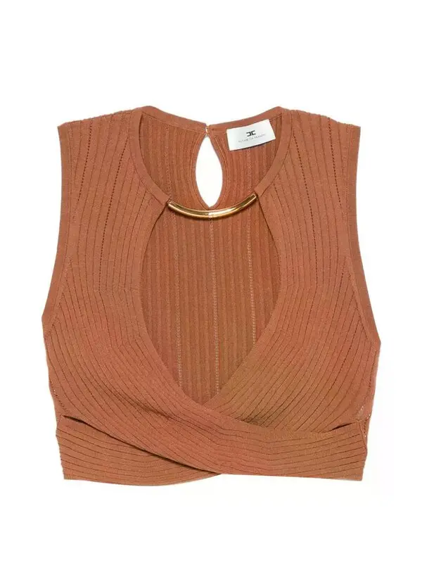 Elisabetta Franchi Ribbed Crossover Knit Top With Gold Detail - Brown