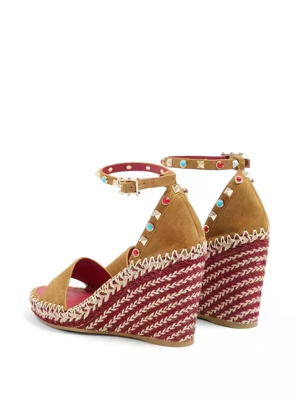 Valentino Garavani Rockstud Double Wedge Sandals In Split Leather With Cabochon Stones - Neutrals