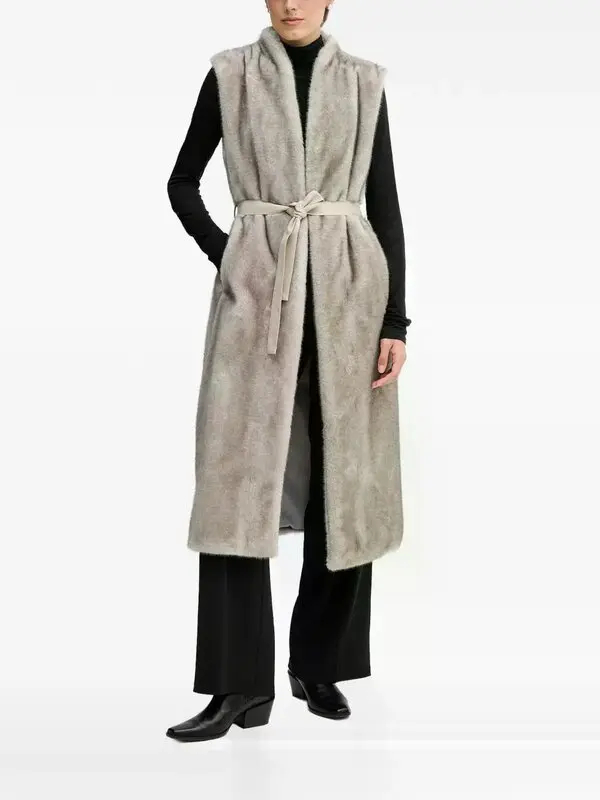 GAUDI Sleeveless Tie Belt Faux Fur Jacket