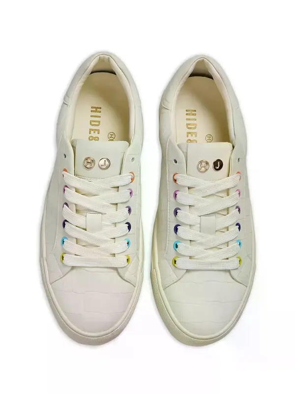 HIDE&JACK White Leather Sneakers With Croc-effect Texture - Neutrals