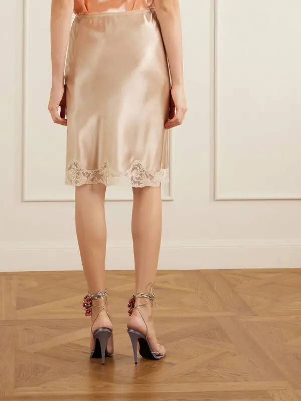 Saint Laurent Lace-trimmed Silk-satin Midi Skirt - Neutrals