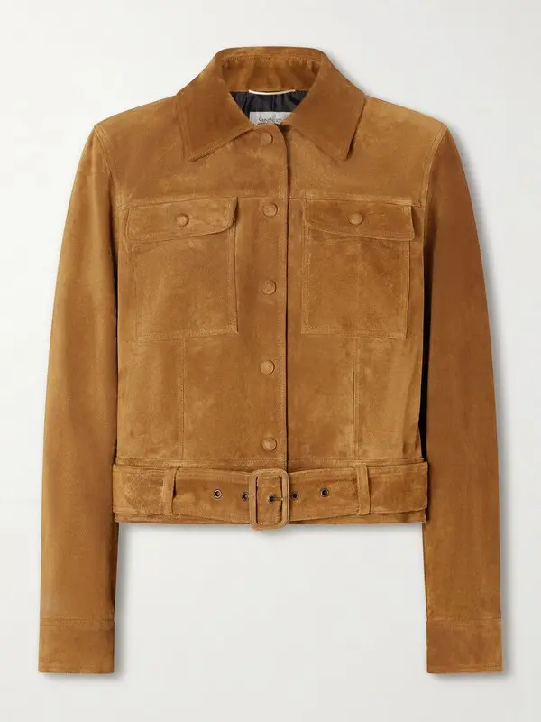 Saint Laurent Cropped Belted Suede Jacket - Brown