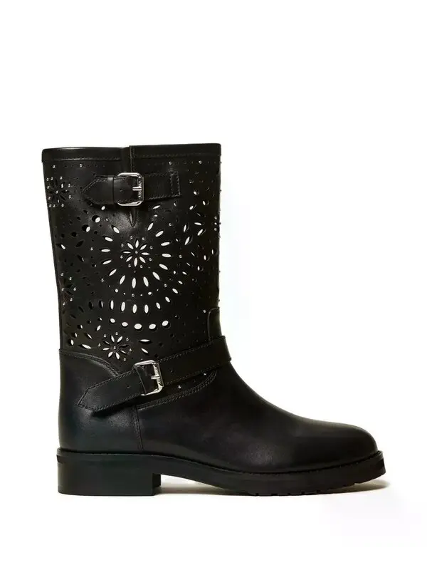 TWINSET Leather Biker Boots With Perforated Detailing - Black