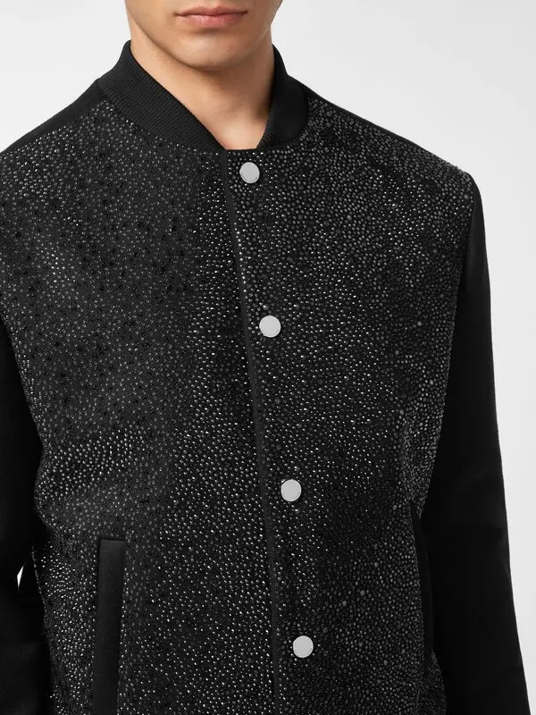 Philipp Plein Wool Varsity Bomber Jacket With Embroidery And Rhinestones - Black