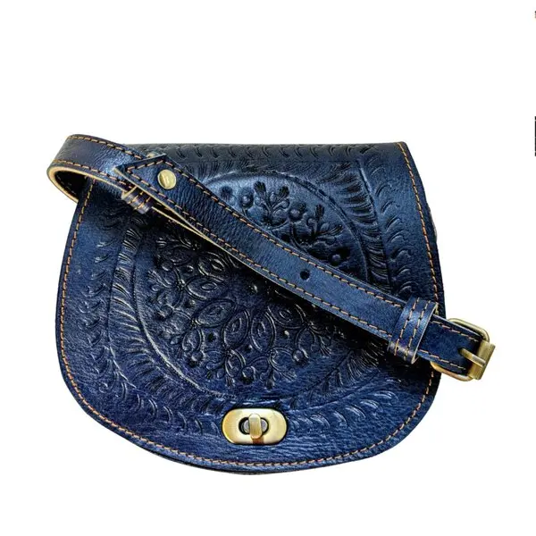 BERBER LEATHER The Temara Small Embossed Saddle Bag In Navy - Blue